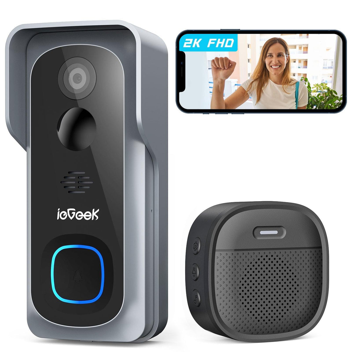 ieGeek Bell J1 - 2K Video Doorbell Camera with Wireless Indoor Doorbell ...